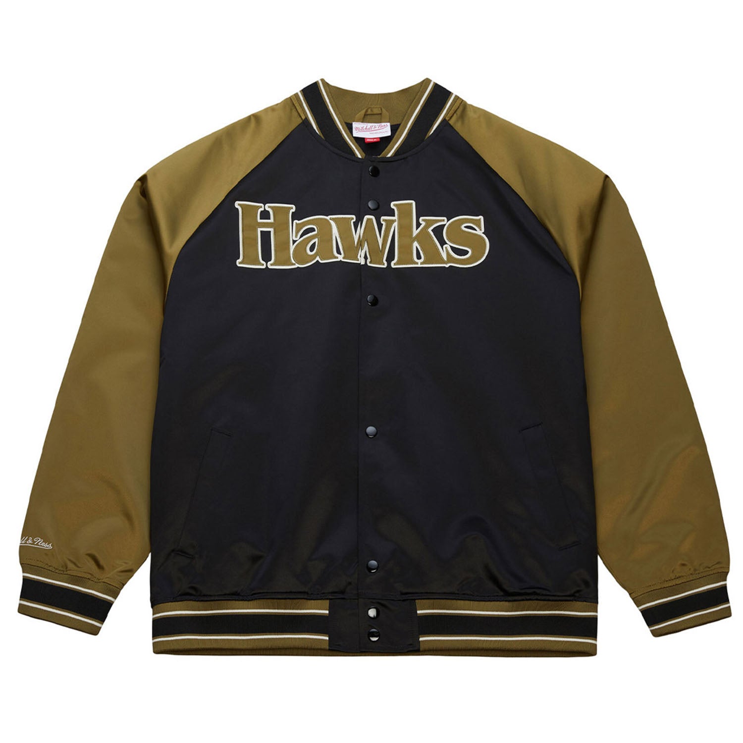 Mitchell & Ness Hawks Double Clutch Olive Satin Jacket | Official Gear